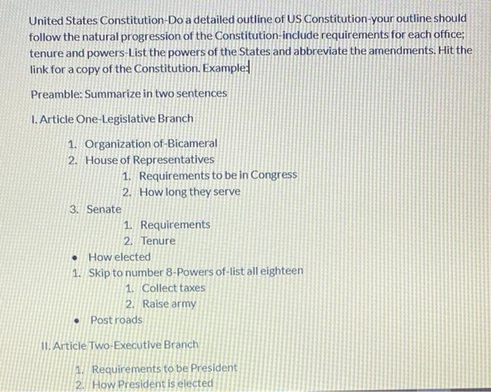United States Constitution-Do a detailed outline of | Chegg.com