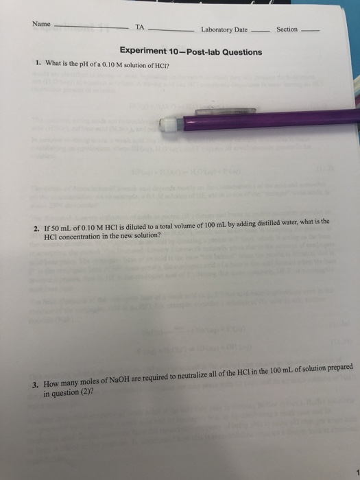 Solved Name - TA - Laboratory Date - Section Experiment | Chegg.com