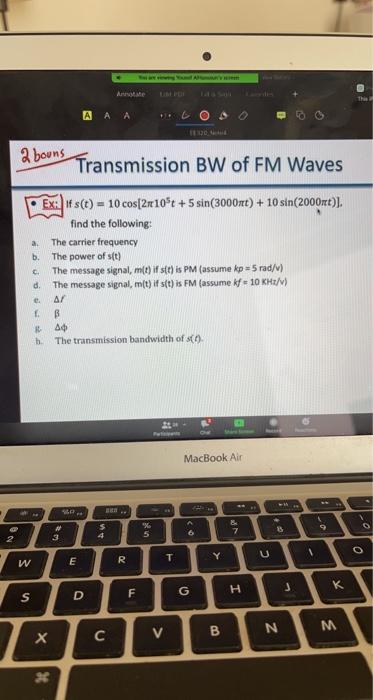 Solved AME T 2 boons Transmission BW of FM Waves a. • EX: | Chegg.com