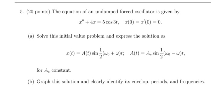 Solved 5. (20 points) The equation of an undamped forced | Chegg.com