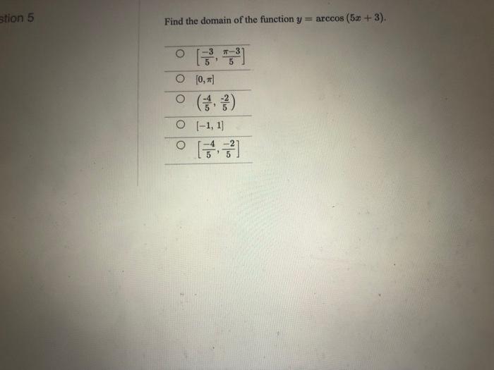 Solved Find the domain of the function y=arccos(5x+3). | Chegg.com
