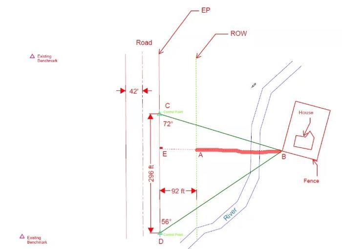 Solved EP ROW Road Benchmark 42 C House 72 E A B 296 ft | Chegg.com