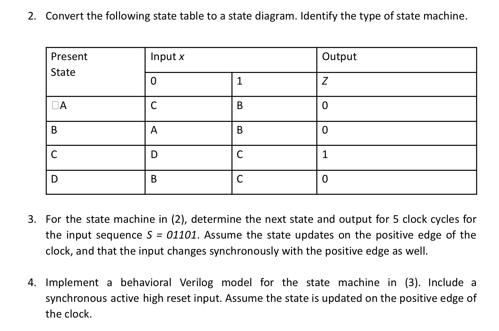 Solved Convert the following state table to a state diagram. | Chegg.com