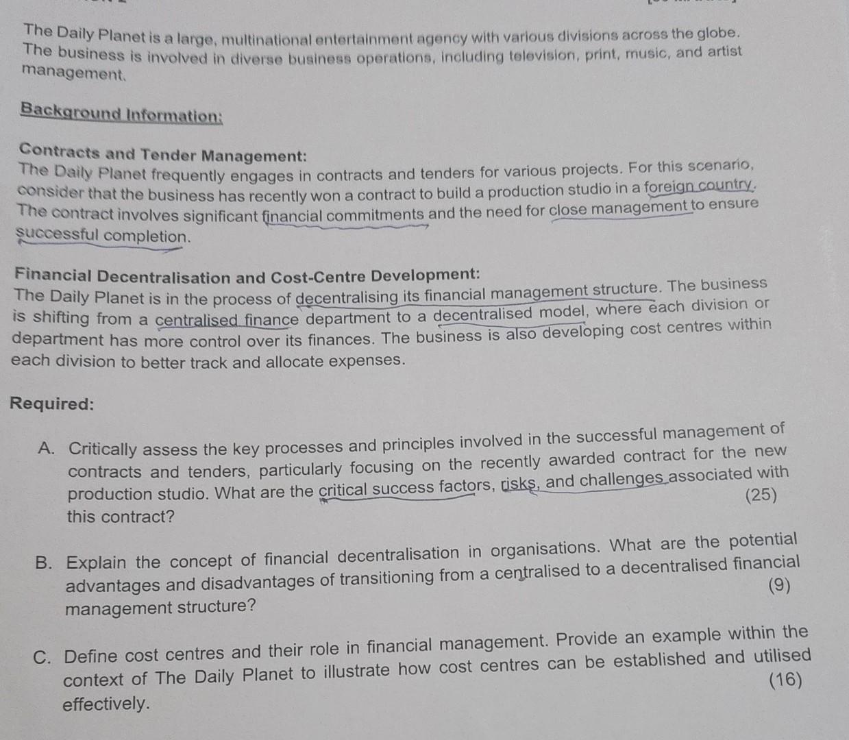 Solved The Daily Planet is a large, multinational | Chegg.com