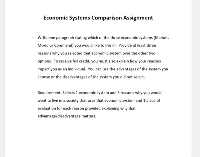 Solved Economic Systems Comparison Assignment Write one | Chegg.com