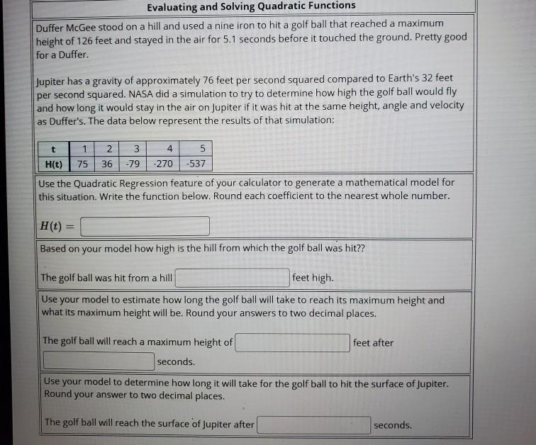 Solved Evaluating and Solving Quadratic Functions Duffer | Chegg.com