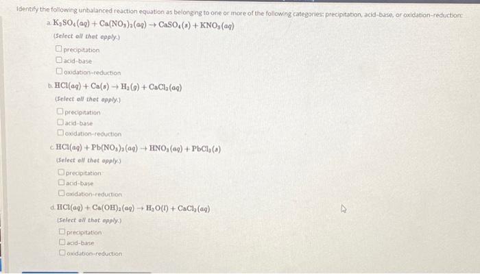 Solved Identify The Following Unbalanced Reaction Equation