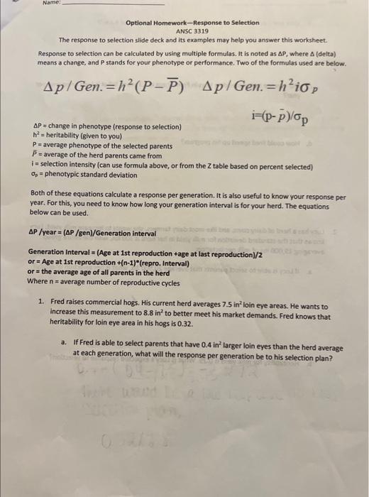 Solved Optional Homework-Response to Selection ANSC 3319 The | Chegg.com