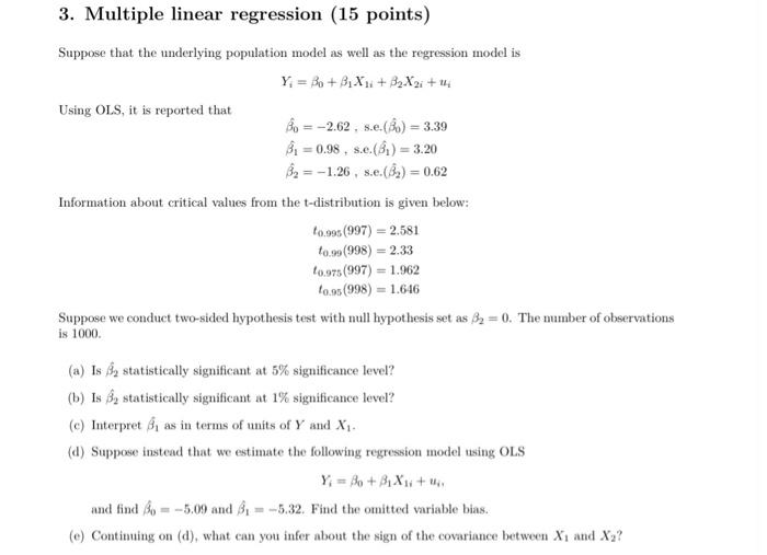 Solved 3. Multiple linear regression (15 points) Suppose | Chegg.com