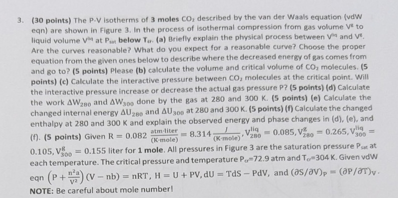 Solved (30 ﻿points) ﻿The P-V ﻿isotherms of 3 ﻿moles CO2 | Chegg.com