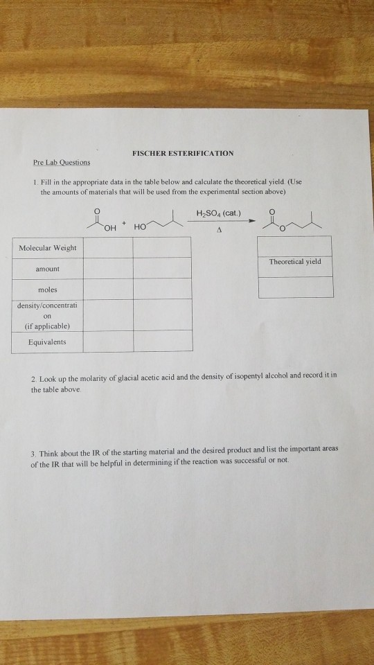 Solved FISCHER ESTERIFICATION Pre Lab Questions 1. Fill in | Chegg.com