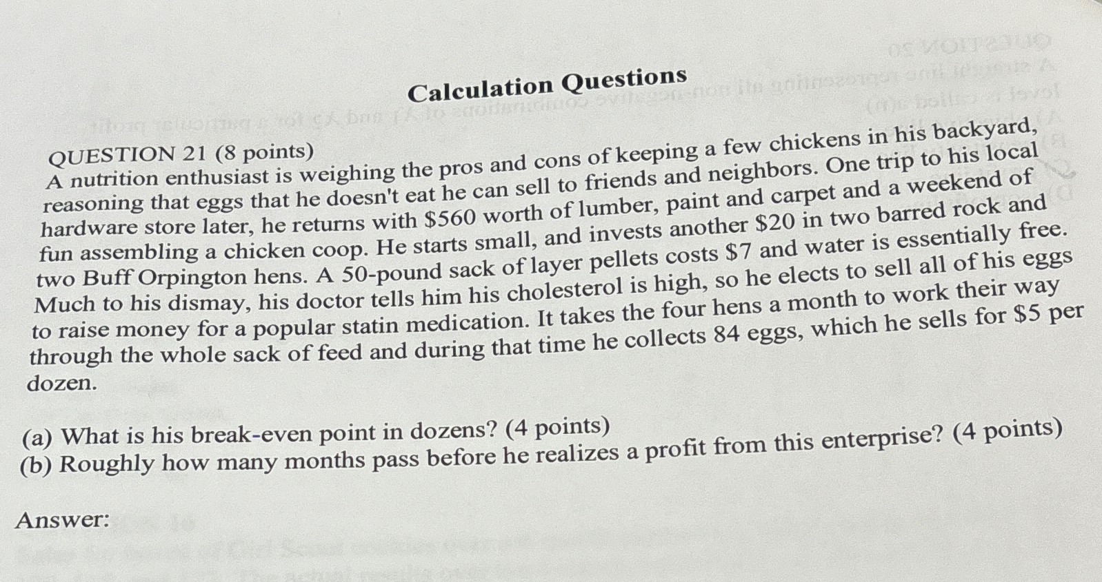 Solved Calculation QuestionsQUESTION 21 (8 ﻿points)A | Chegg.com