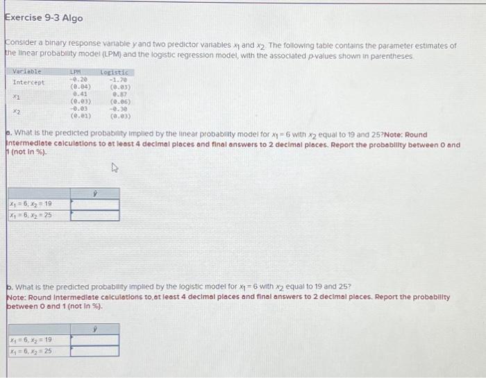 Solved Exercise 9-3 Algo Consider a binary response variable | Chegg.com