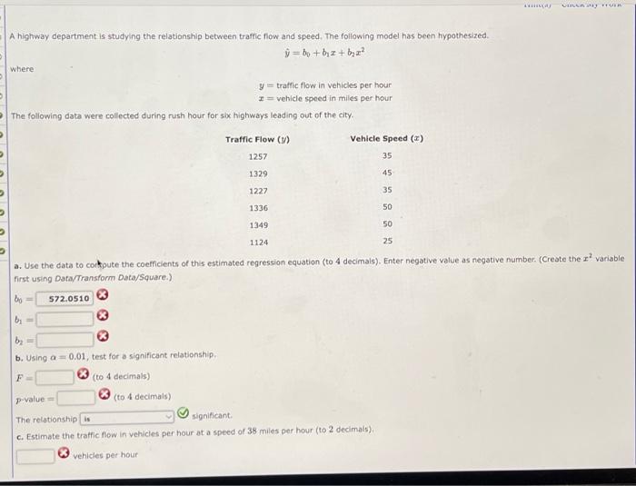 Solved yˋ=b0+b1x+b2x2 where y= traffic flow in vehicles per | Chegg.com