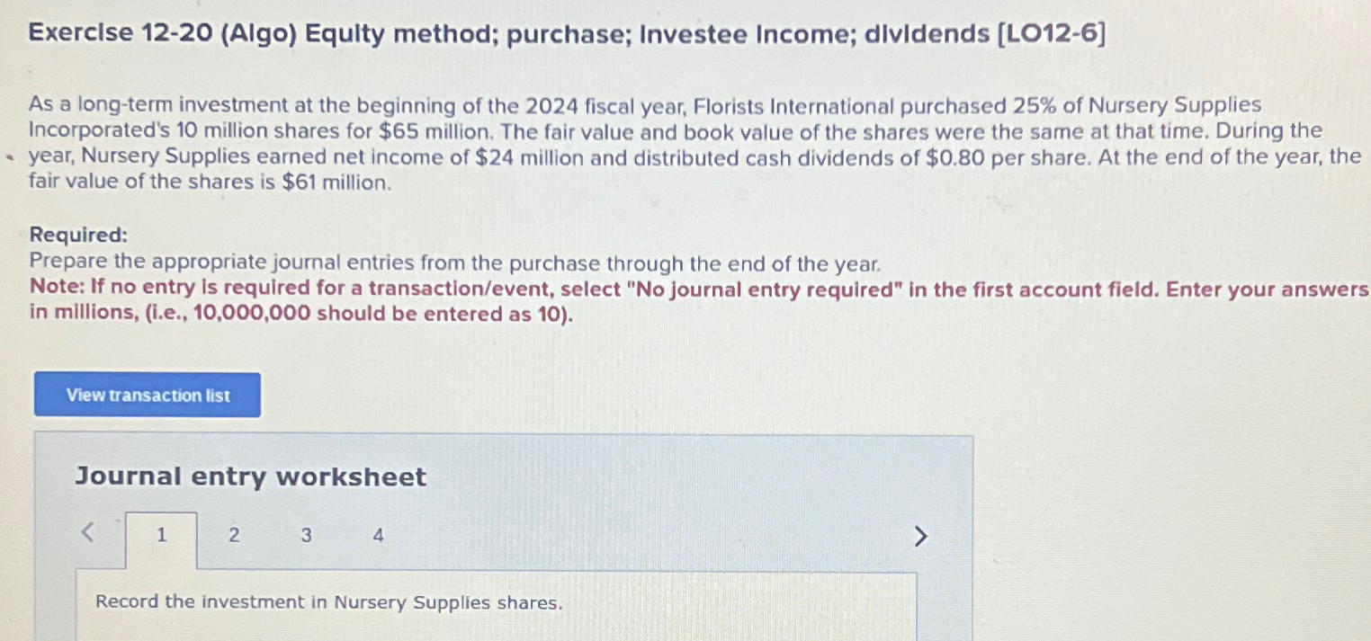 Solved Exerclse 12-20 (Algo) ﻿Equlty method; purchase; | Chegg.com