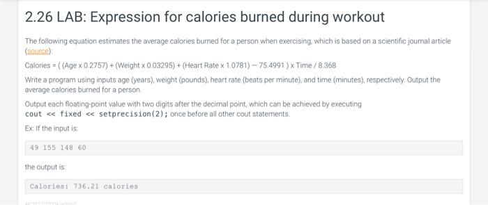 Solved 2.26 Lab: Expression For Calories Burned During 