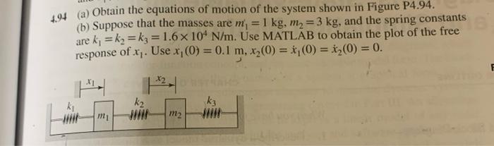 Solved 4.94 (a) Obtain the equations of motion of the system | Chegg.com