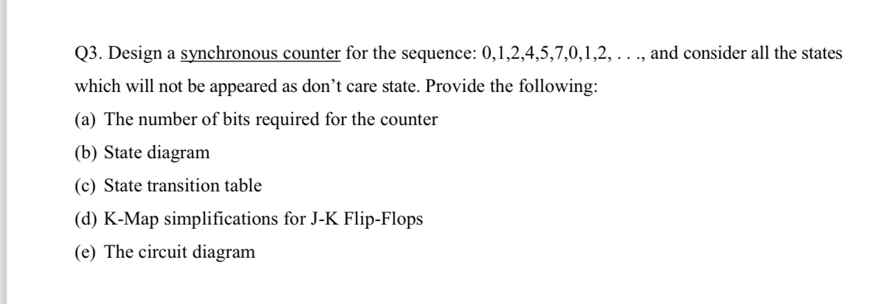 Solved Q3. ﻿Design a synchronous counter for the sequence: | Chegg.com