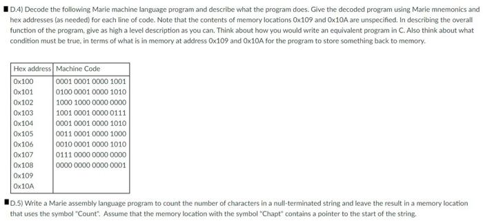 Solved D.4) Decode the following Marie machine language | Chegg.com
