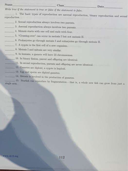 Solved Name Class Date Write true if the statement is true | Chegg.com