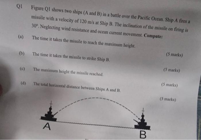 Solved Q1 Figure Q1 shows two ships ( A and B) in a battle | Chegg.com