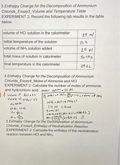 Solved 3 Enthalpy Change for the Decomposition of Ammonium | Chegg.com