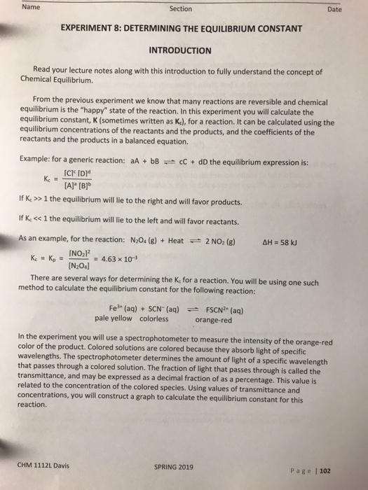 Solved Name Section Date EXPERIMENT 8: DETERMINING THE | Chegg.com