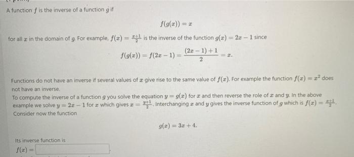 Solved A function f is the inverse of a function g if | Chegg.com
