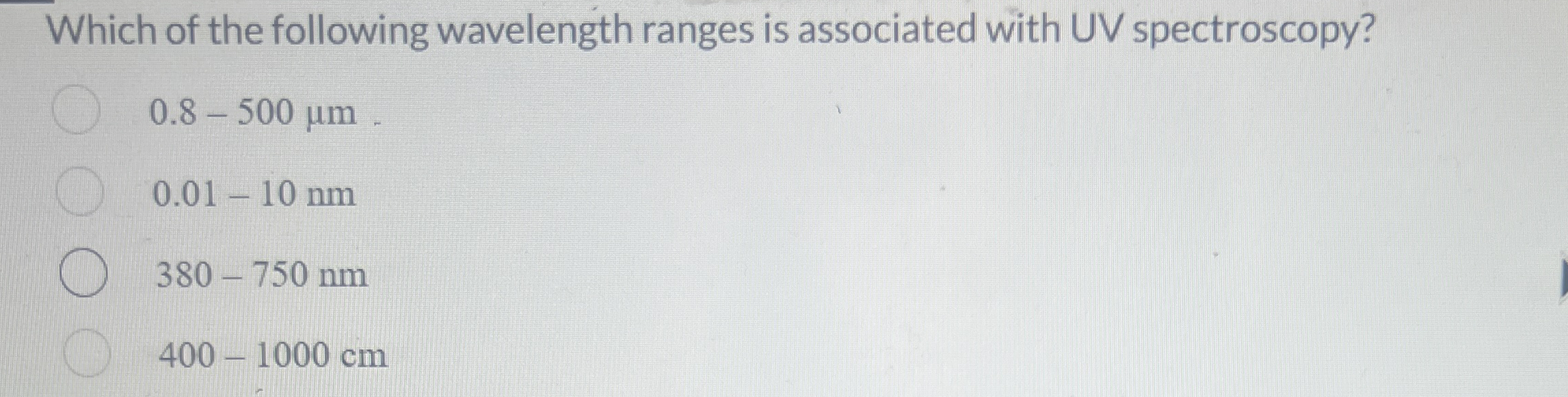 Solved Which of the following wavelength ranges is | Chegg.com
