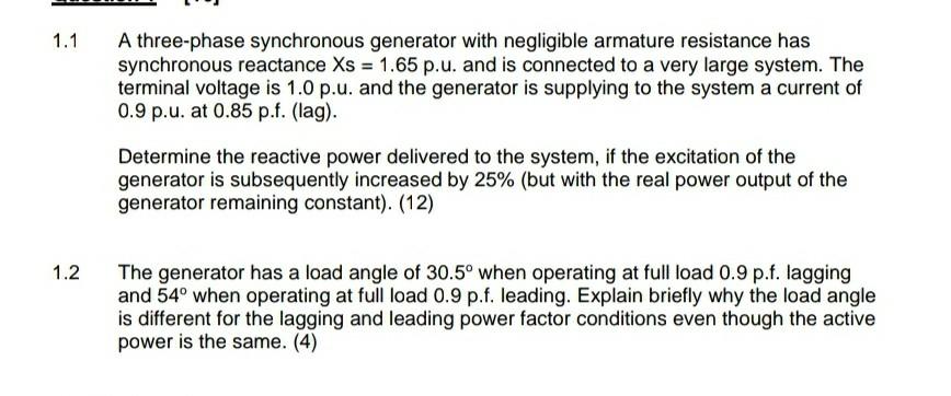 Solved A three-phase synchronous generator with negligible | Chegg.com