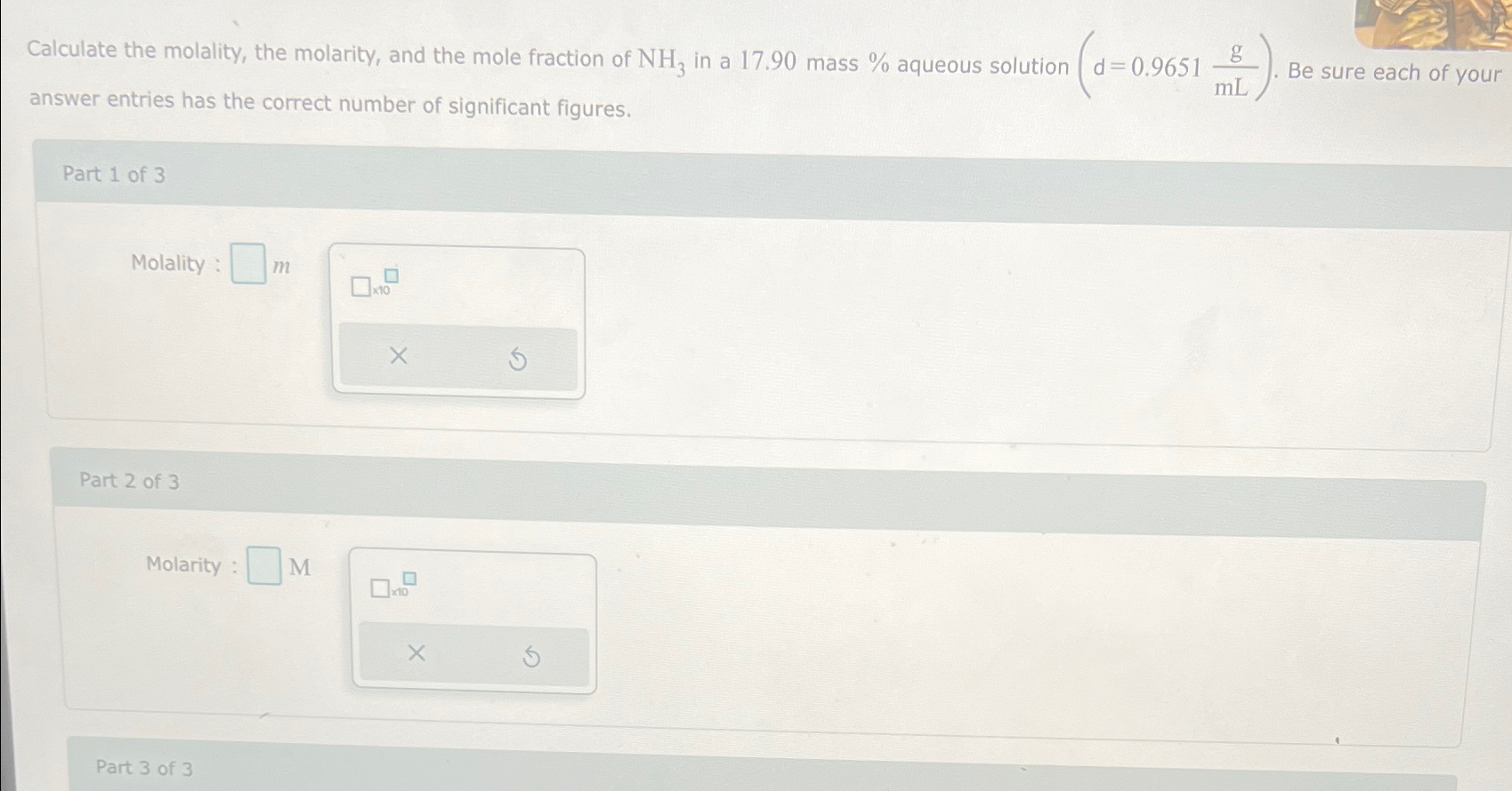 Solved Calculate the molality, the molarity, and the mole | Chegg.com