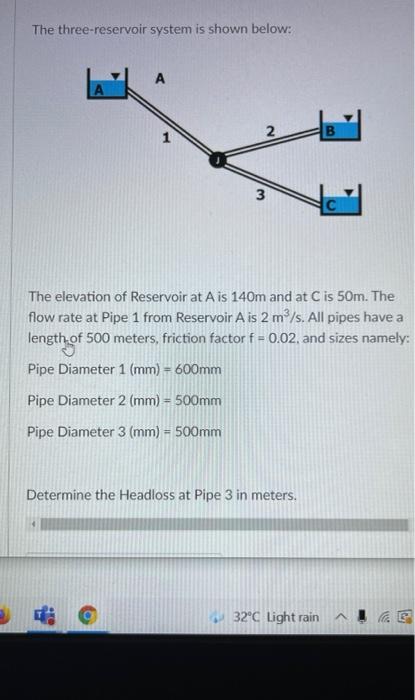 Solved The three-reservoir system is shown below: A A 2 B. 1 | Chegg.com