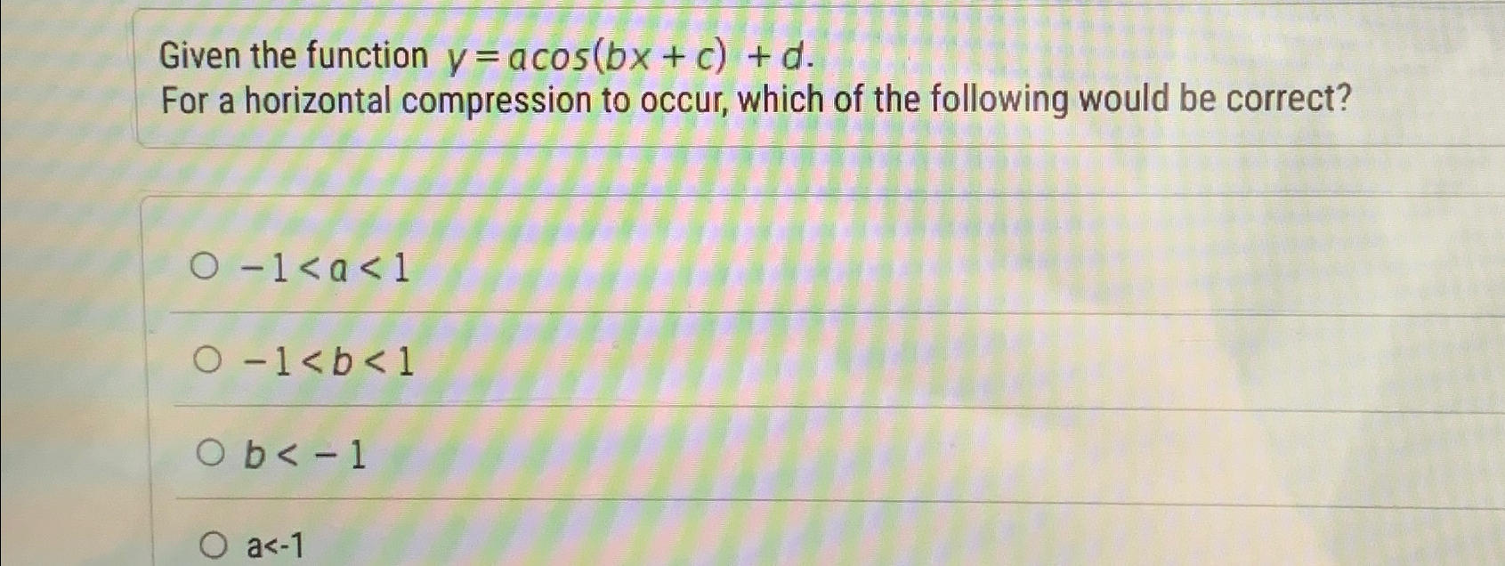 Solved Given the function y=acos(bx+c)+d.For a horizontal | Chegg.com
