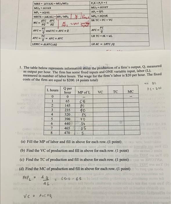 Solved 1. The table below represents information aboüt the | Chegg.com