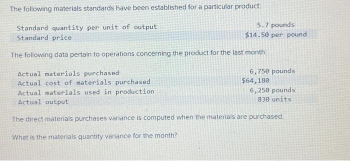 Solved The following materials standards have been | Chegg.com