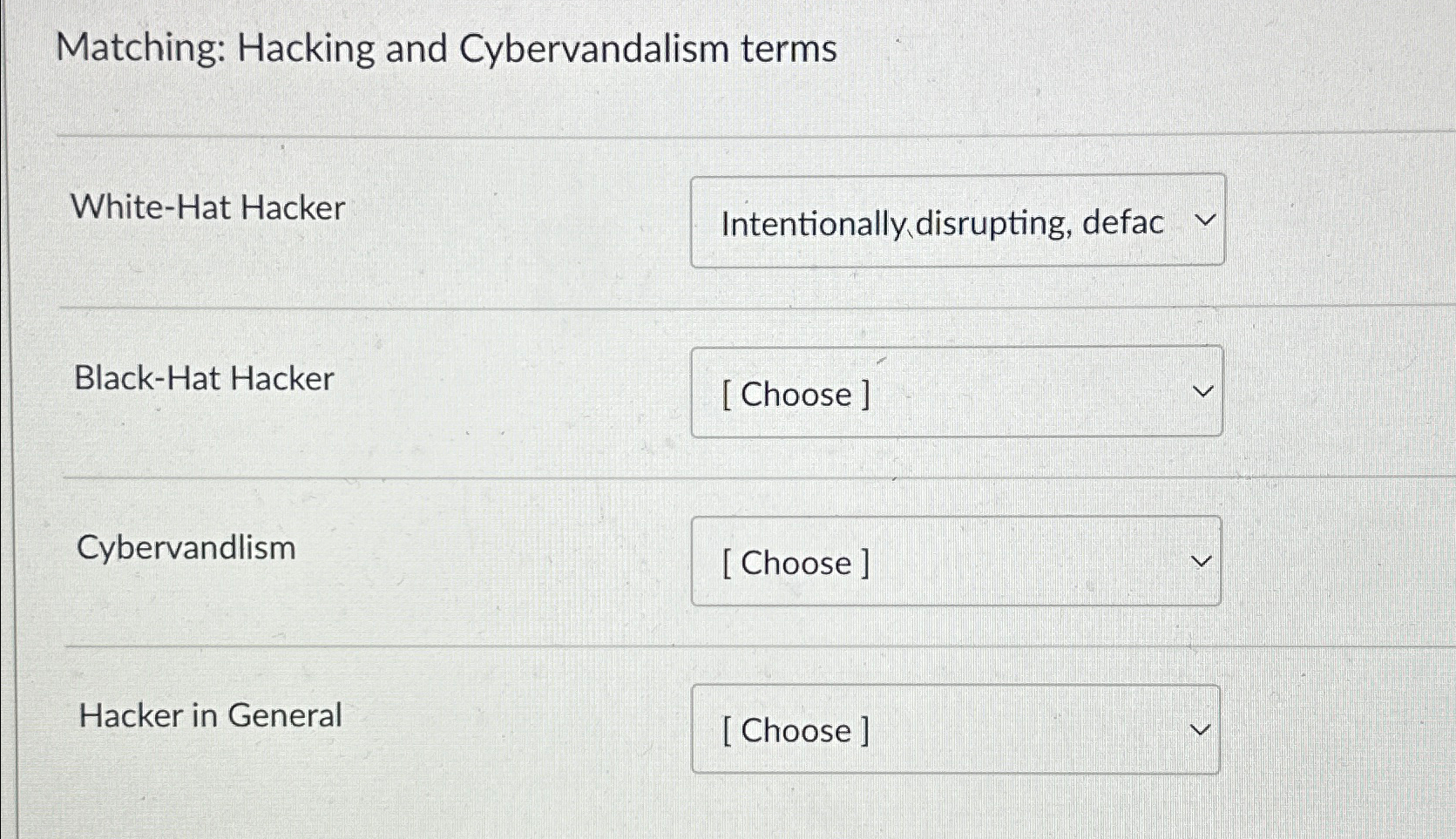 Solved Matching: Hacking and Cybervandalism termsWhite-Hat | Chegg.com