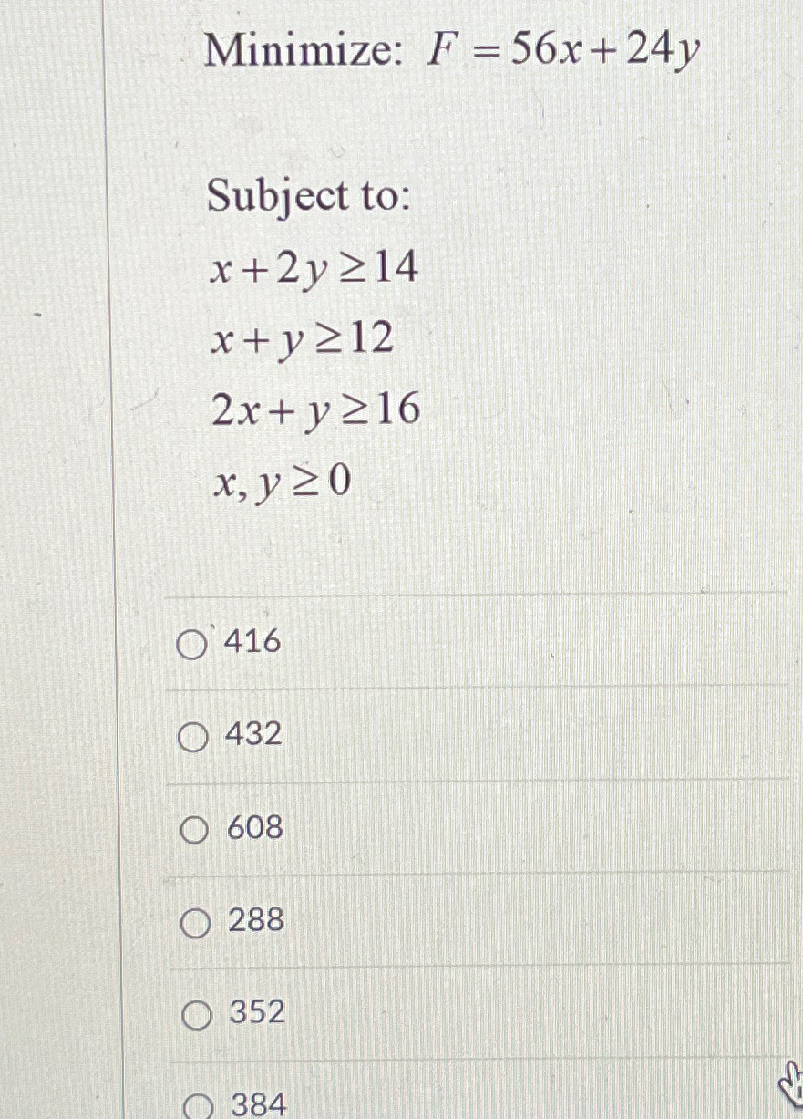 Solved Minimize: F=56x+24ySubject | Chegg.com
