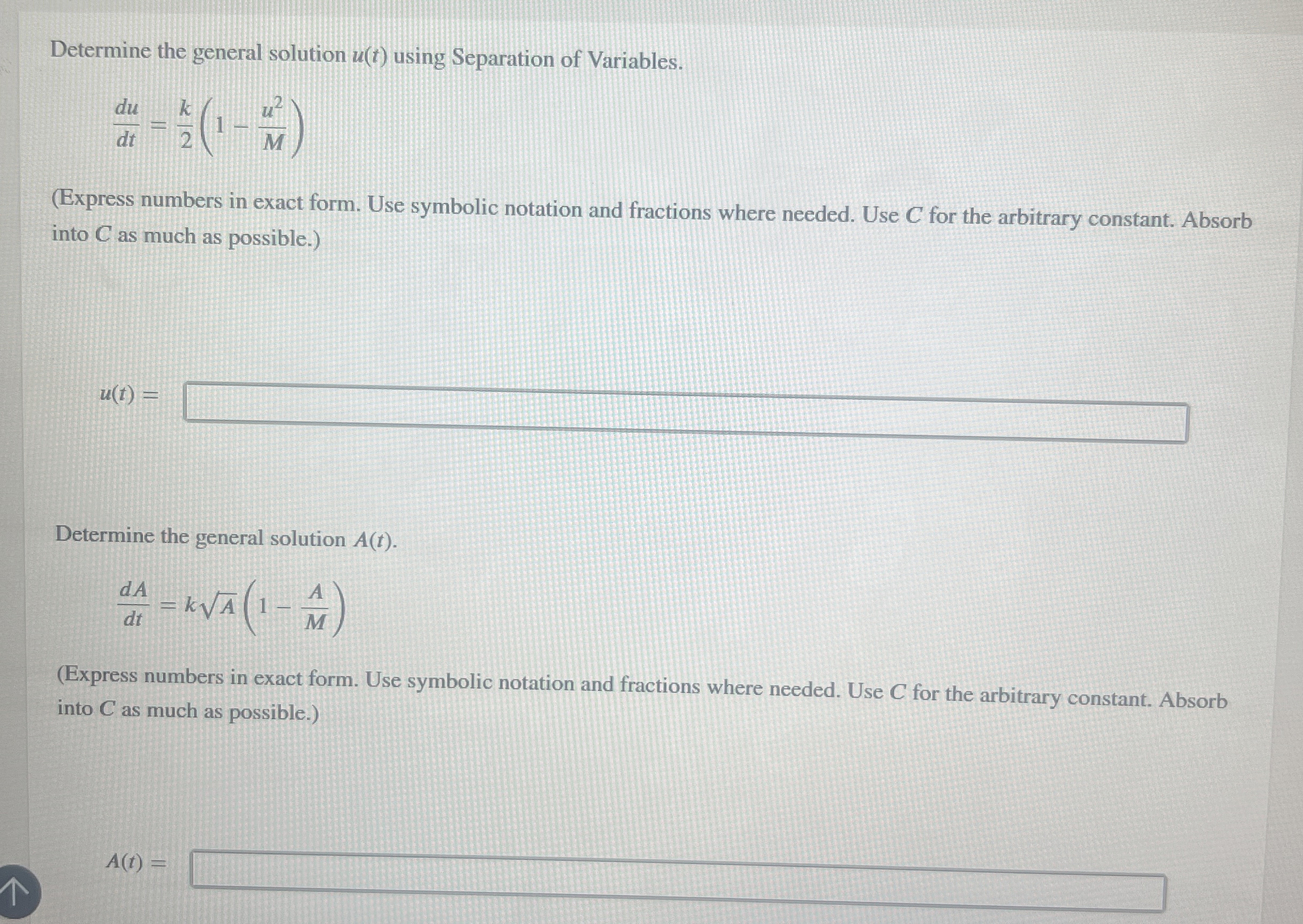 Solved Determine the general solution u(t) ﻿using Separation | Chegg.com
