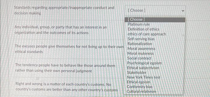 Solved Standards regarding appropriate/inappropriate conduct | Chegg.com