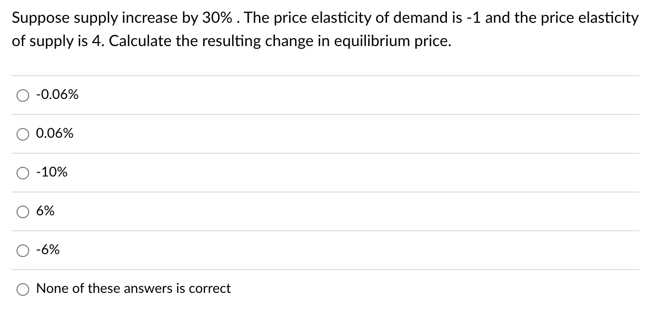 Solved Suppose supply increase by 30%. ﻿The price elasticity | Chegg.com