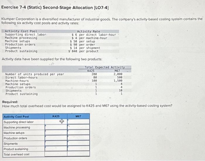 Solved Exercise 7-4 (Static) Second-Stage Allocation [LO7-4] | Chegg.com