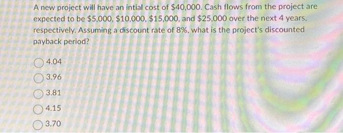 Solved A new project will have an intial cost of $40,000. | Chegg.com