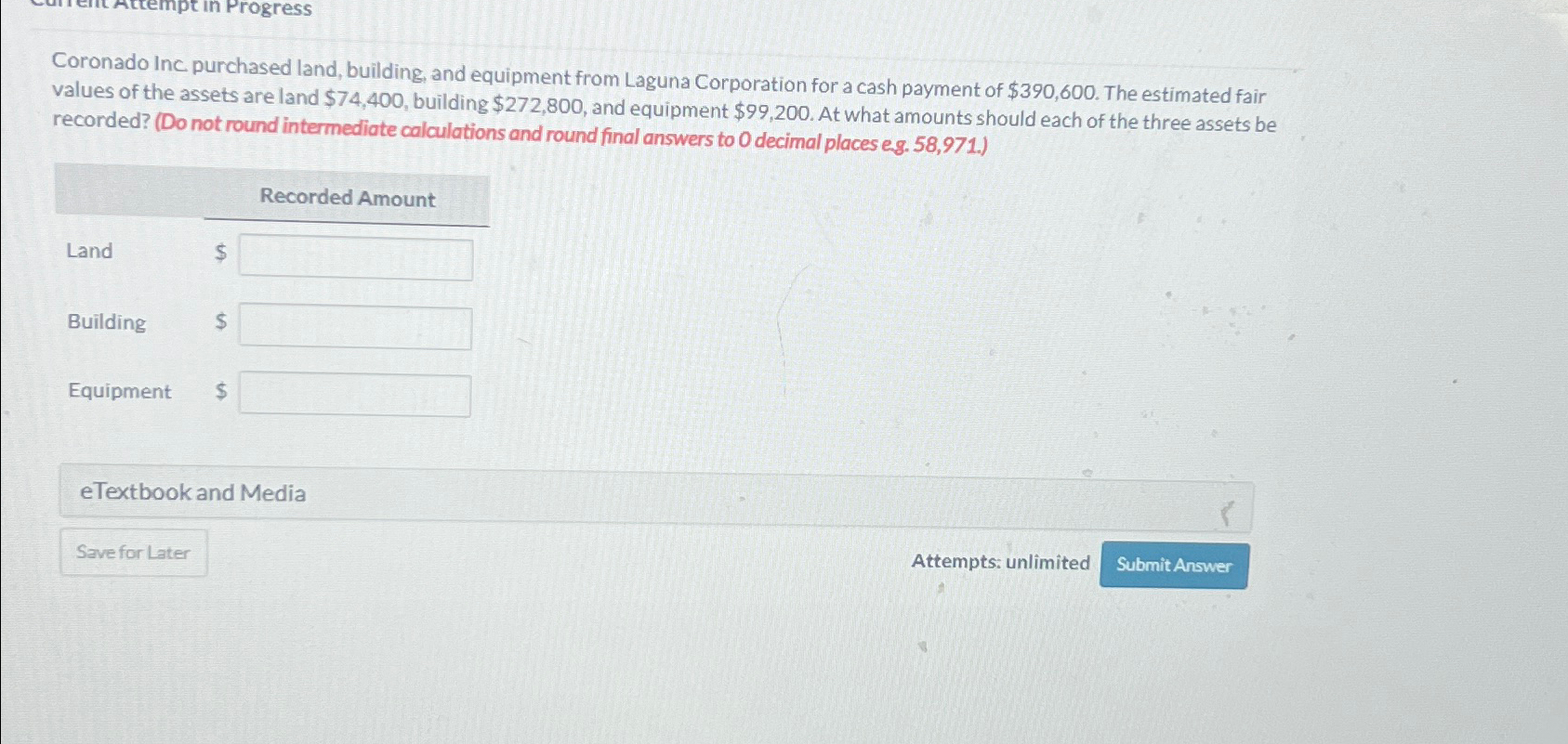 Solved Coronado Inc purchased land, building, and equipment | Chegg.com