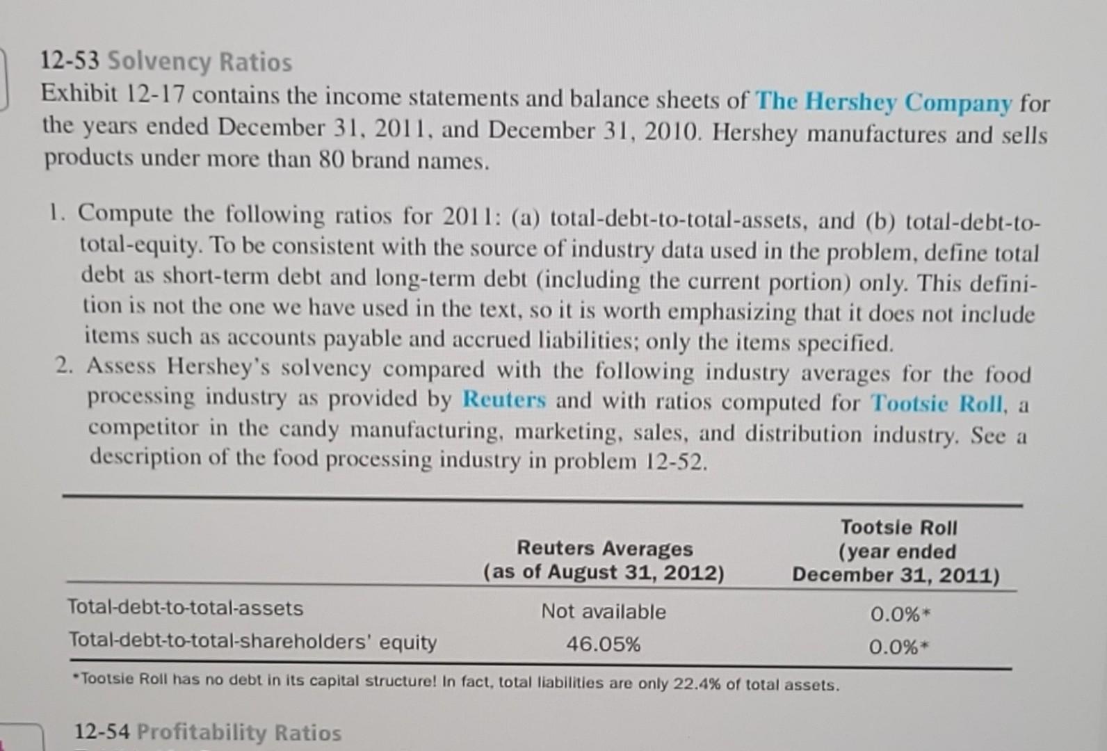 Solved 12-53 Solvency Ratios Exhibit 12-17 contains the | Chegg.com