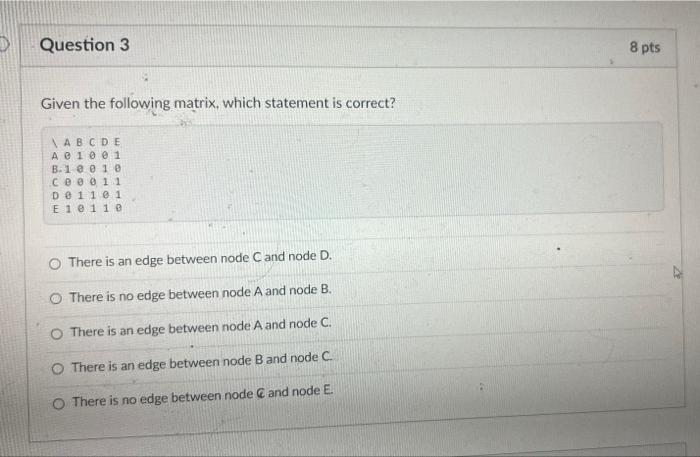 Solved Question 3 8 pts Given the following matrix, which | Chegg.com