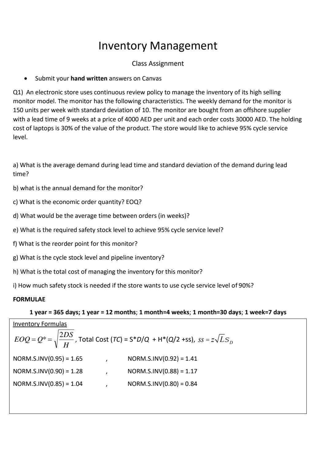 Solved Inventory Management Class Assignment . Submit your | Chegg.com