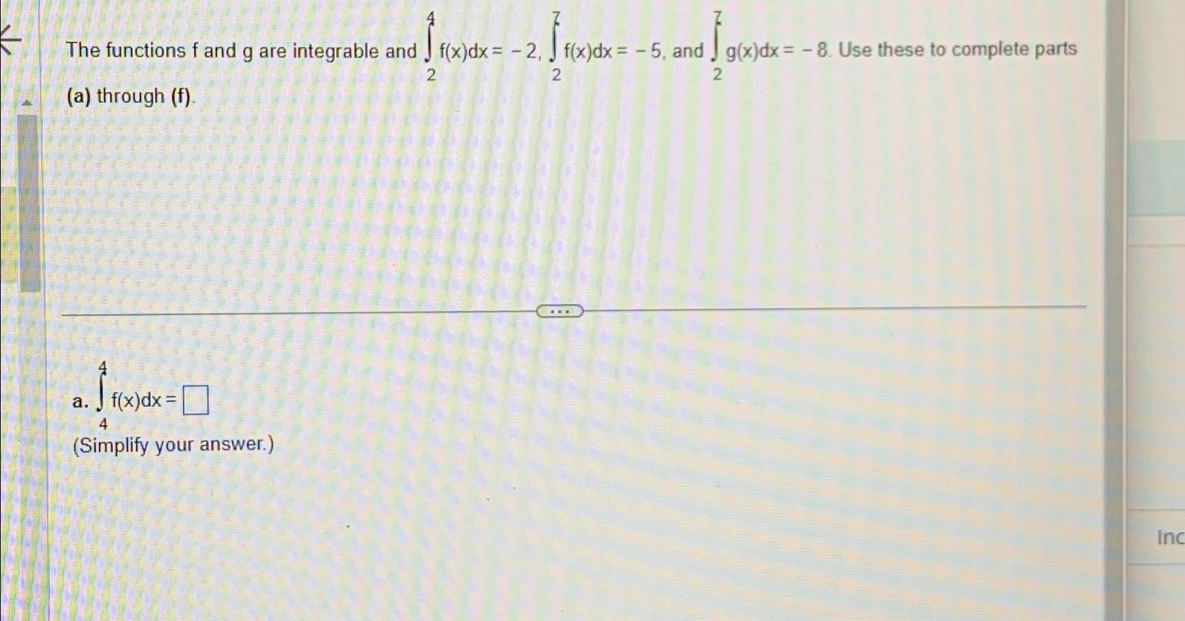 Solved The functions f ﻿and g ﻿are integrable and | Chegg.com