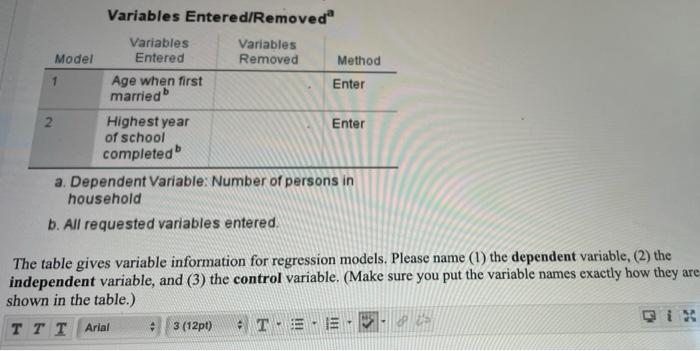 Solved Variables Entered/Removed" Variables Variables Model | Chegg.com