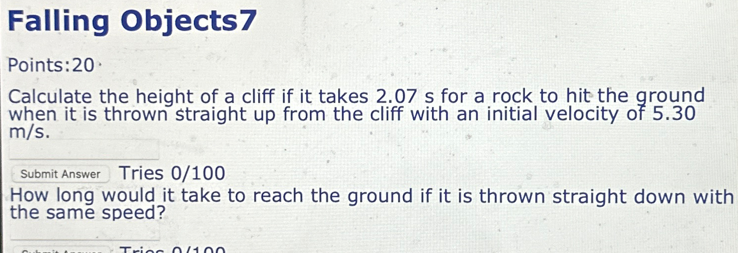 Solved Falling Objects 7Points:20.Calculate the height of a | Chegg.com