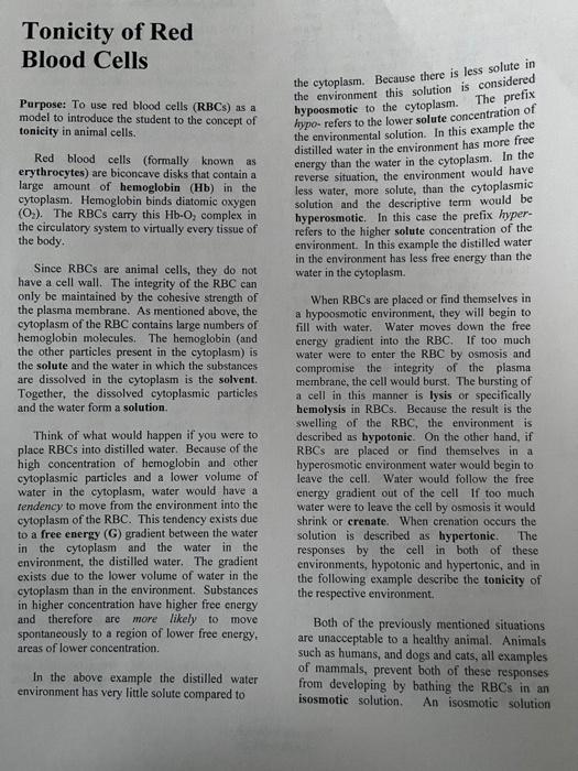 Tonicity of Red Blood Cells Purpose: To use red blood | Chegg.com